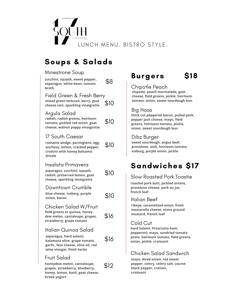 Lunch – 17 South A Fine Dining Experience